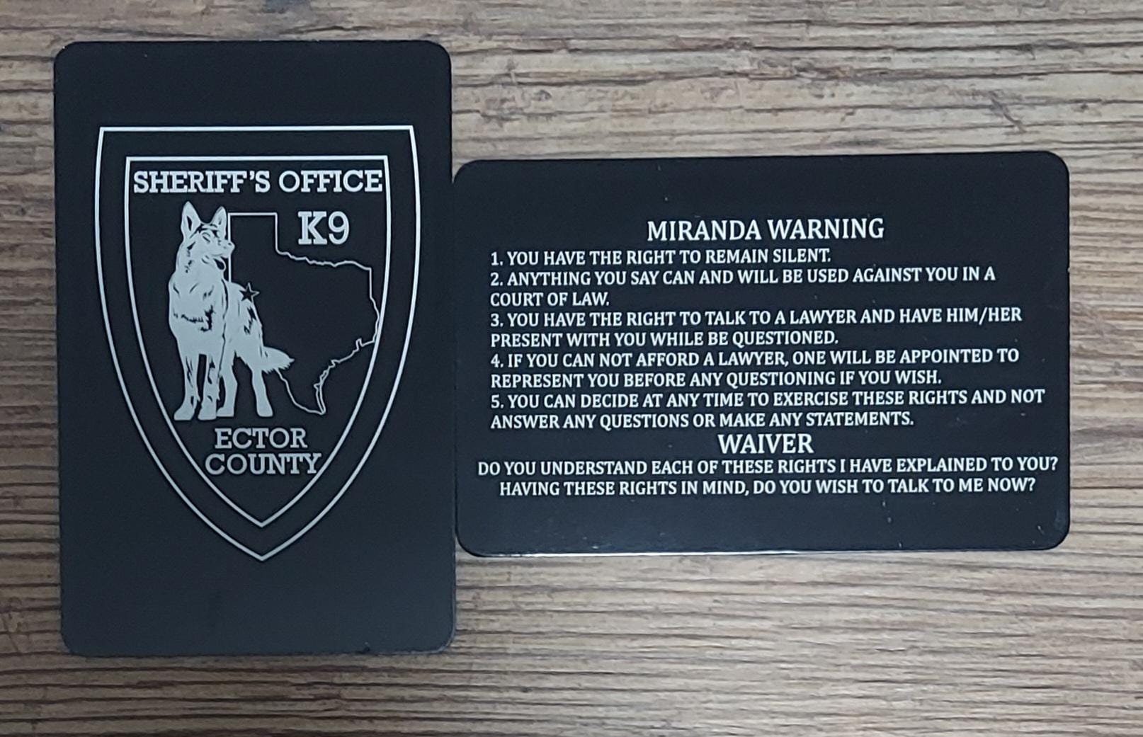 Custom laser engraved Metal law enforcement Miranda Warning Cards ...