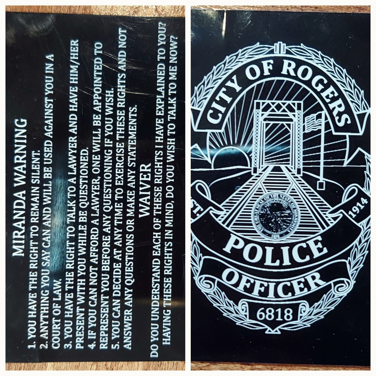 Custom laser engraved Metal law enforcement Miranda Warning Cards ...