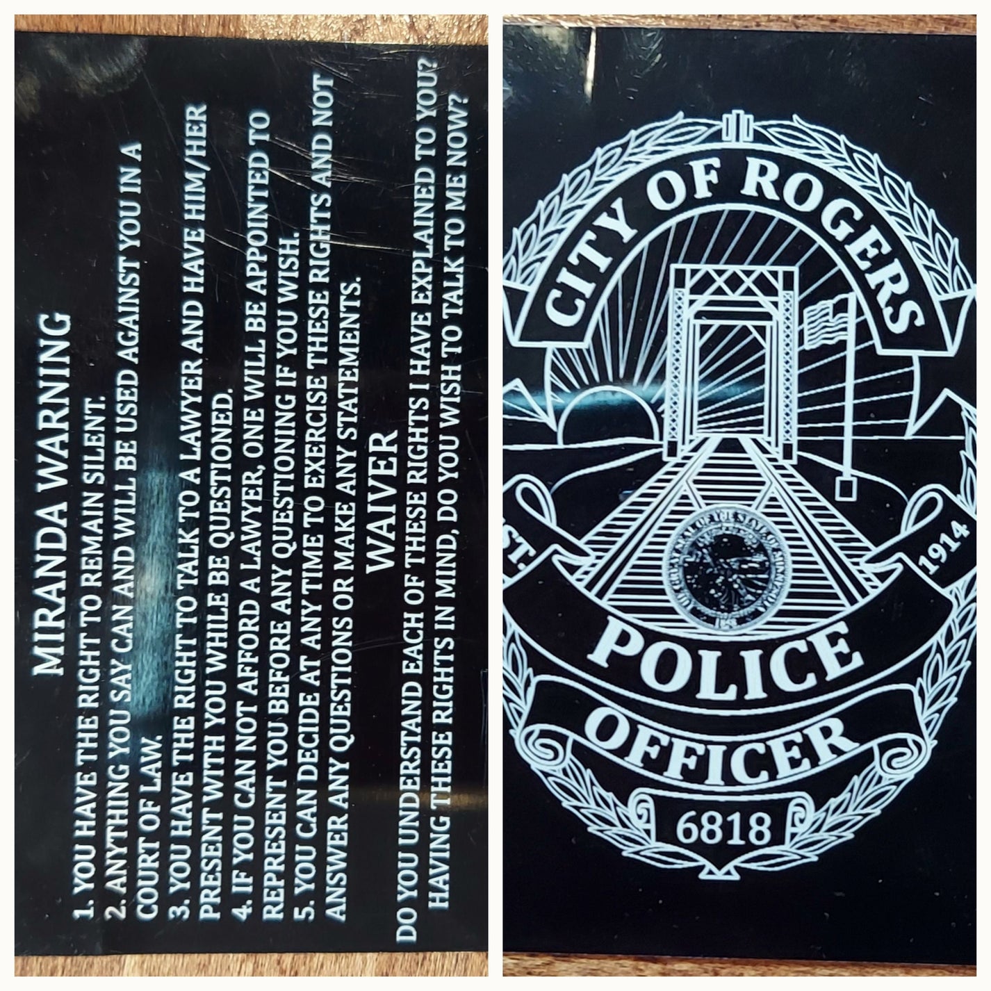 Custom laser engraved Metal law enforcement Miranda Warning Cards ...